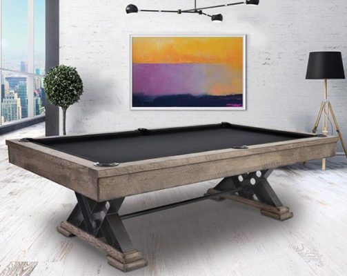 The Vienna rustic Pool Table has stylish metal v-shaped pedestal legs.
